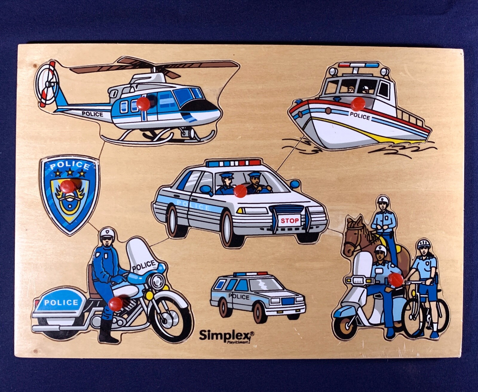 POLICE VEHICLES Vintage Wood Jigsaw Puzzle SIMPLEX Cop Car HELICOPTER ...