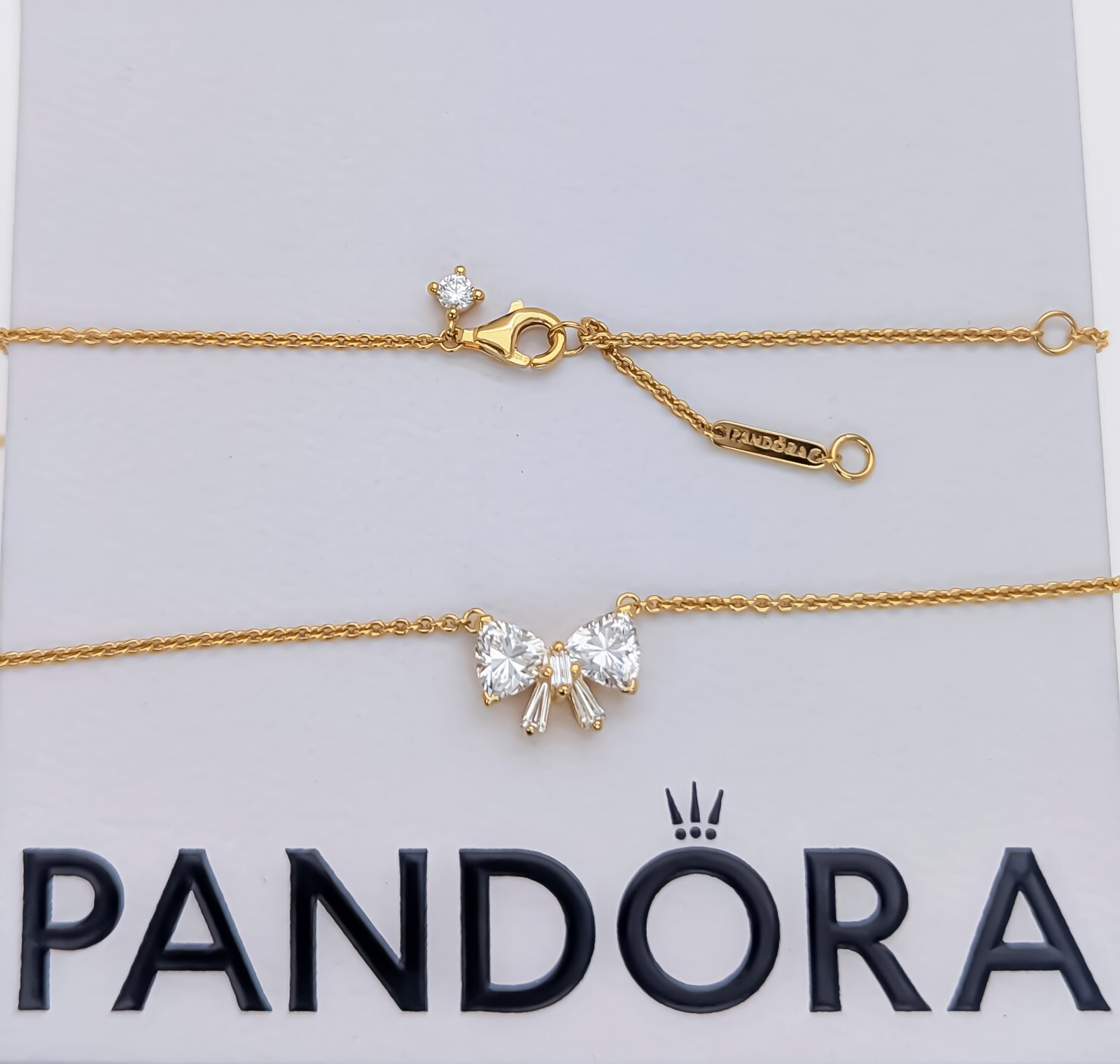 NEW 100% Authentic PANDORA 14k Gold P Sparkling Bow Pendant Necklace ...