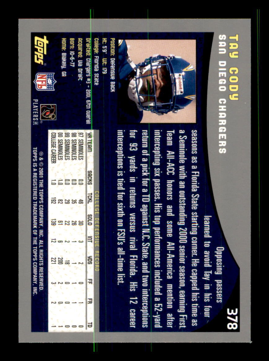 2001 FOOTBALL 2001 Topps Tay Cody San Diego Chargers #378 RC1 | eBay