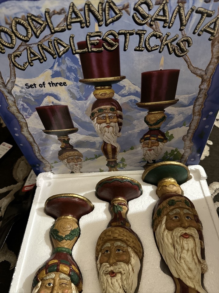Woodland Santa Candlesticks NEW IN THE BOX Costco Retired Candle Holder ...