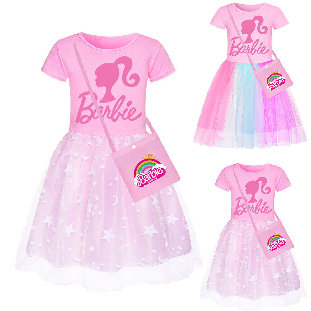 Summer Kids Girls Barbie Tutu Tulle Shirt Dress Bag Set Casual Dresses ...