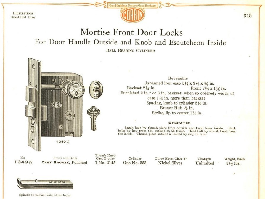 RESTORED CORBIN 1349 1/2 ENTRY MORTISE LOCK wCYLINDER KEYS - 3" BKSET ...