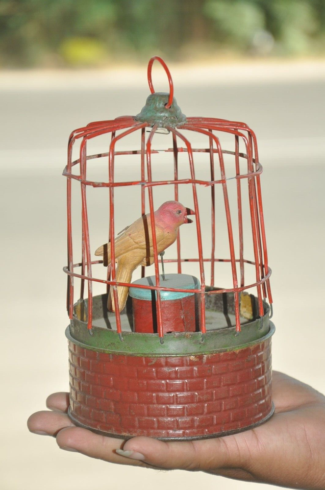 Vintage Wind Up Bird In Cage Colorful Celluloid & Tin Toy,Germany ...
