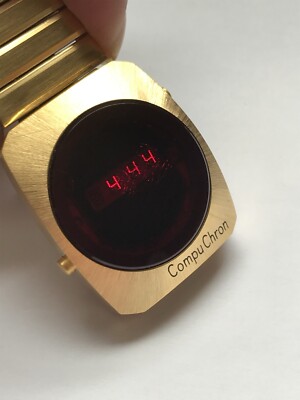 Compuchron Red LED 70s Watch 1970s Gold Tone Brush Stainless Steel Mens ...