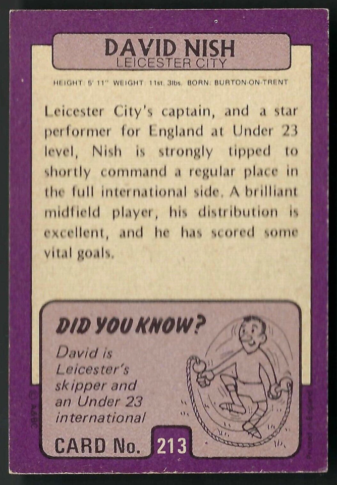 A & B C GUM - FOOTBALLERS (DID YOU KNOW, 110-219) - #213 DAVID NISH ...