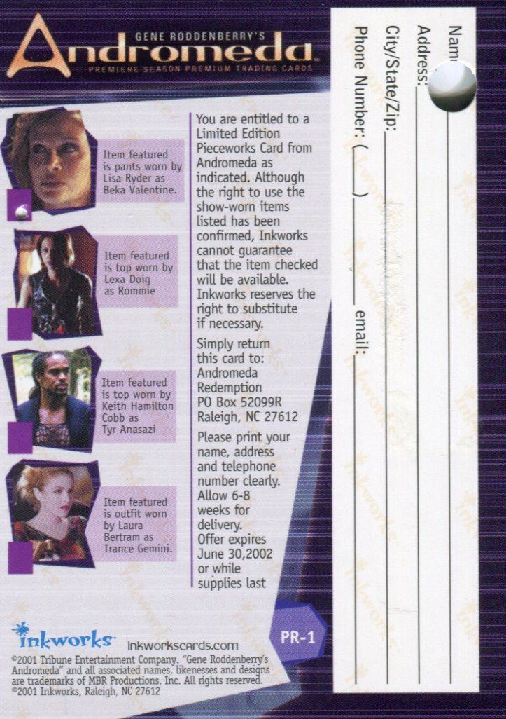 Andromeda Invalid Pieceworks Redemption Card PW1 Lisa Ryder as Beka ...