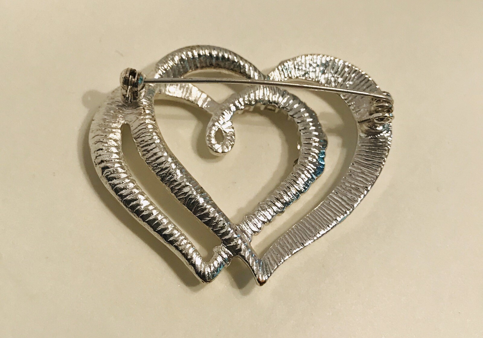 Double Heart Rhinestone Pin Silver Tone 2” Brooch Pin J6869 | eBay