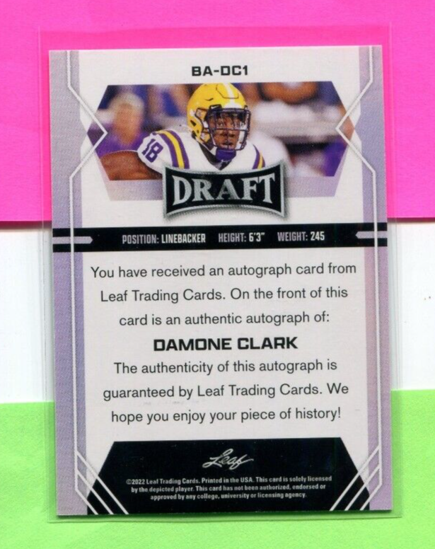DAMONE CLARK COWBOYS LSU 2022 LEAF DRAFT AUTOGRAPHED FOOTBALL CARD BA ...