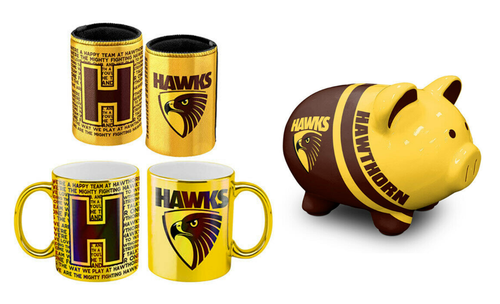 AFL HAWTHORN HAWKS METALLIC CAN COOLER & COFFEE MUG & PIGGY BANK MONEY ...