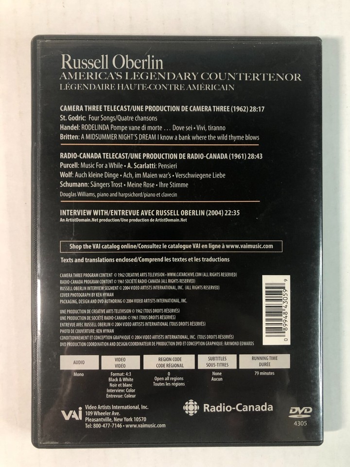 DVD Russell Oberlin Americas Legendary Countertenor All Regions | eBay
