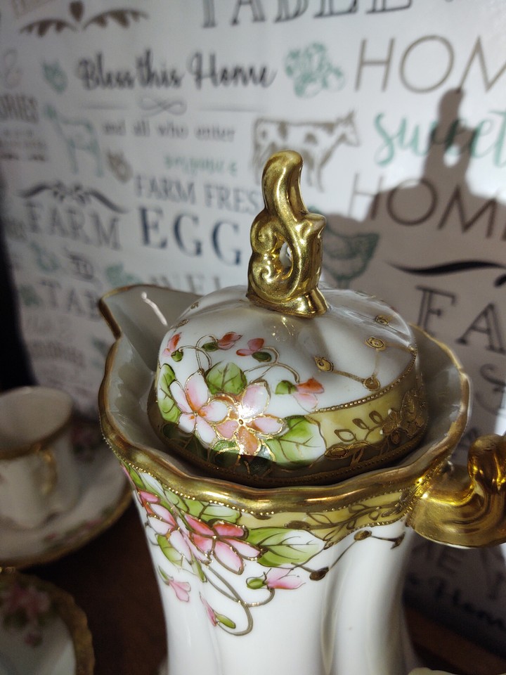ANTIQUE Nippon Hand-Painted Chocolate Pot Set 5 Cups & Saucer set ...