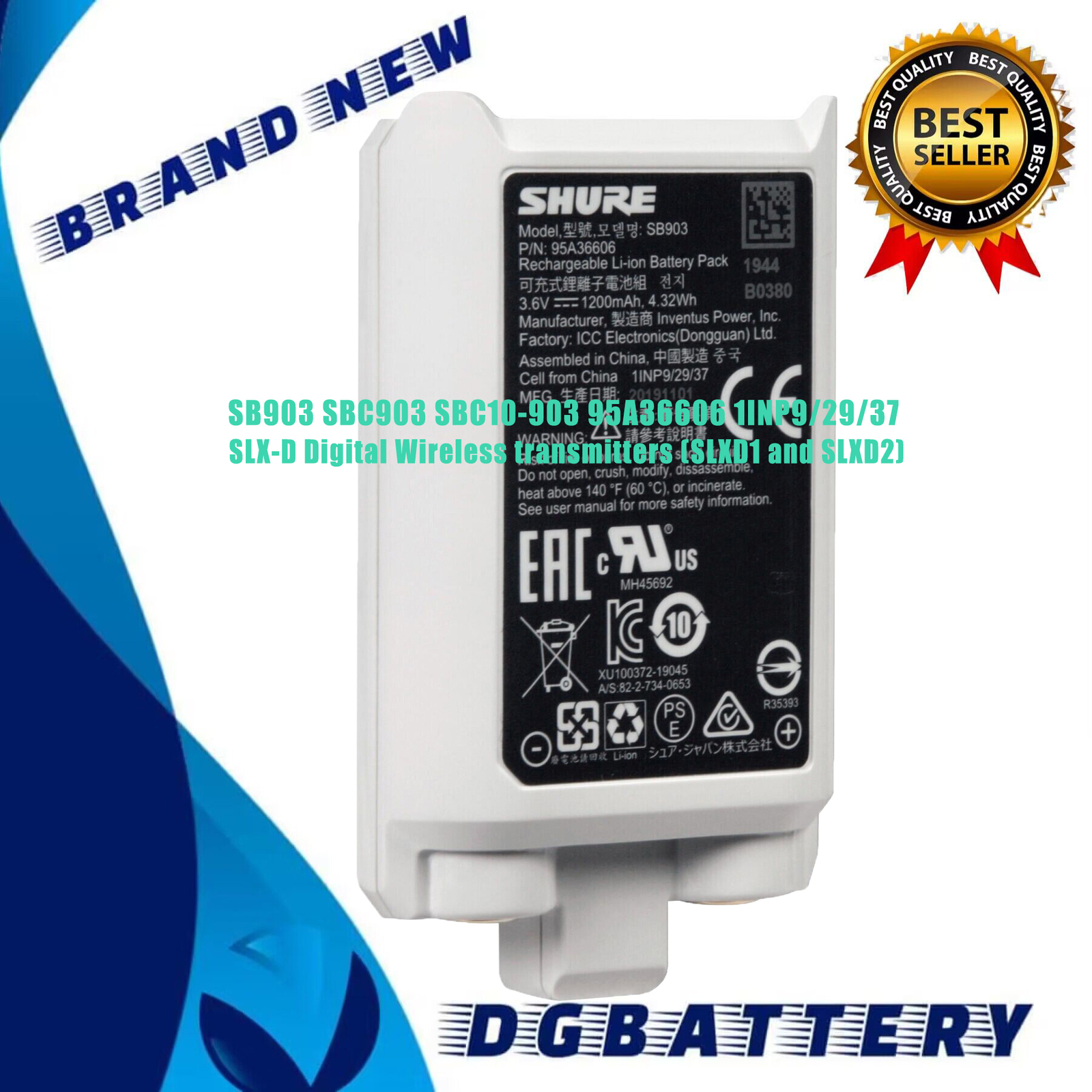 SB903 SBC903 Genuine battery For Shure Digital Wireless transmitters ...