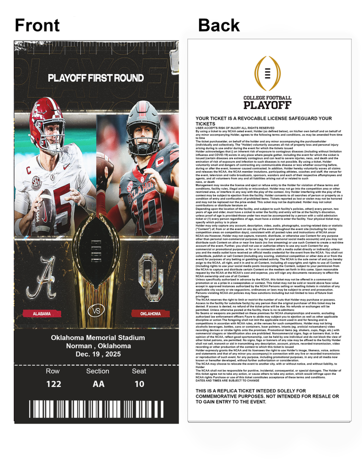 Alabama Vs Oklahoma CFB Playoff Round 1 Game Replica Customizable ...