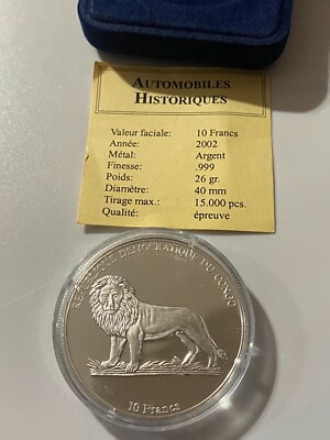2002 Congo 10 Francs Proof Silver Coin History of Automobiles BENZ Lion ...