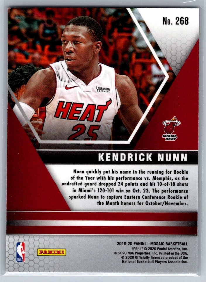 2019-20 Panini Mosaic #268 Kendrick Nunn Rookie RC Miami Heat NBA Card ...