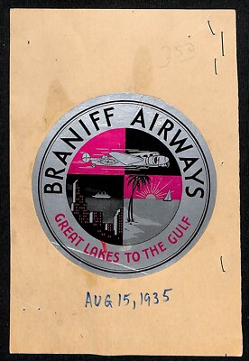Braniff Airways Great Lakes to the Gulf Luggage Label - Affixed to ...