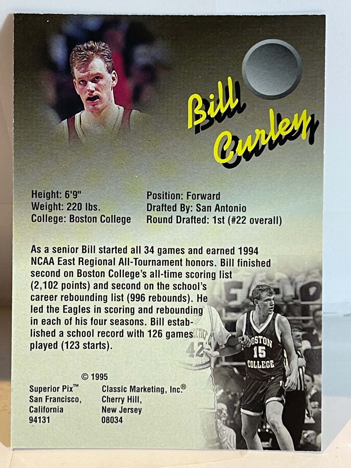 Bill Curley Boston College Basketball Classic Superior Pix Autograph ...