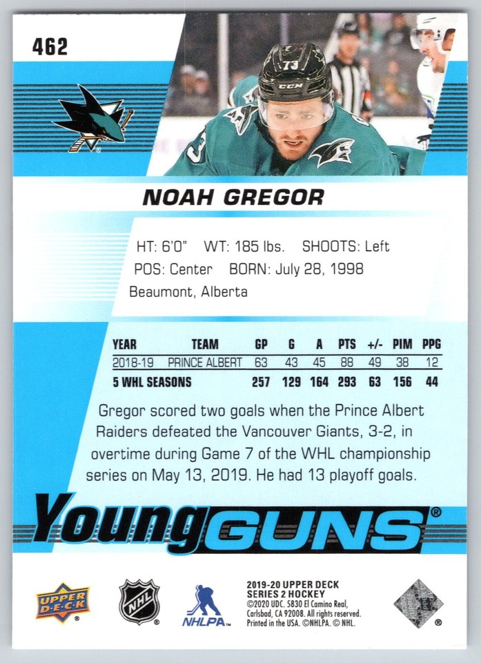 NOAH GREGOR RC YOUNG GUNS 2019-20 UPPER DECK 19-20 NO 462 35154 | eBay