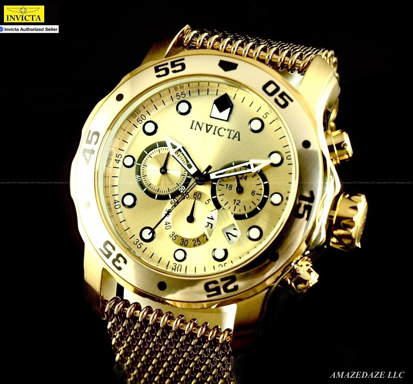 NEW Invicta Men 48mm ProDiver Scuba Chrono Mesh Bracelet GOLDEN DIAL SS ...