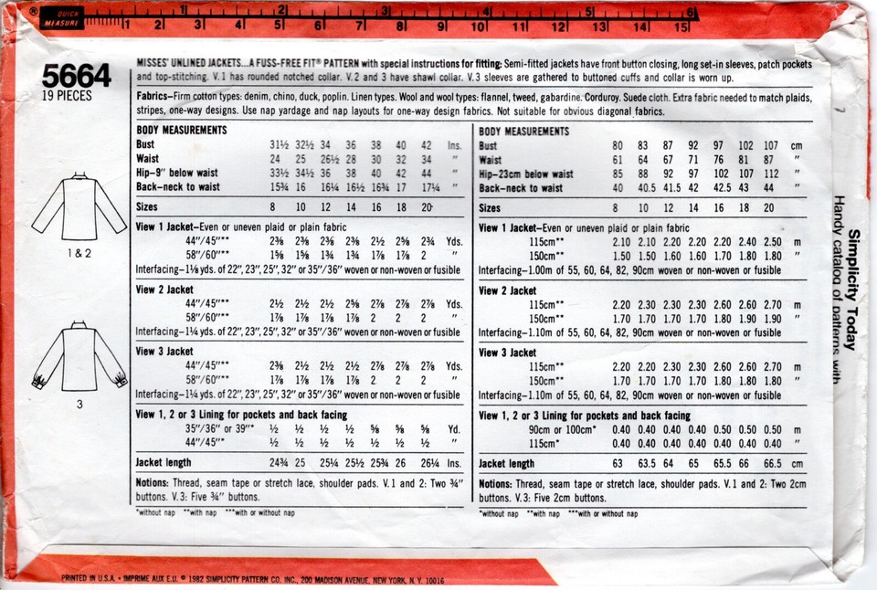 "Misses' Unlined Jackets" ©1982 Simplicity Fuss Free Fit Pattern # 5664 ...