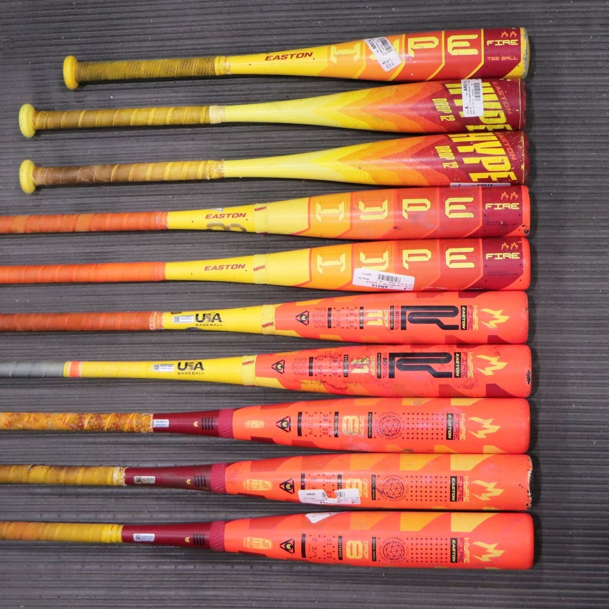 Lot of 10 Easton "Hype Fire" Baseball Bats Various Sizes 24-31 (2 5/8 ...