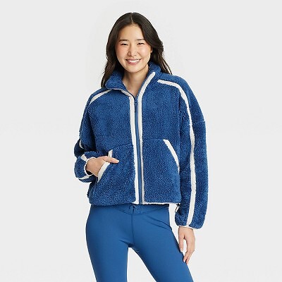Women's Piped High Pile Fleece Jacket - JoyLab Sapphire Blue M