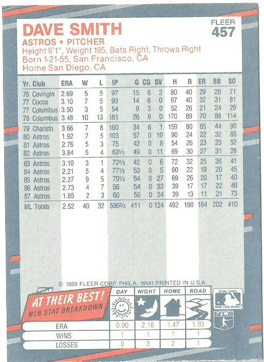 DAVE SMITH HOUSTON ASTROS #457 - FLEER NM-MT 1988 | eBay