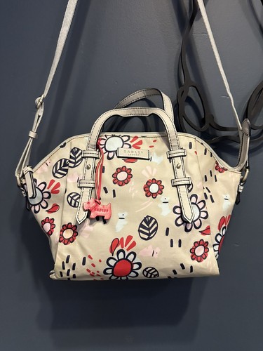 Radley Handbag Oilskin & Leather Beige Red Flowers Floral Red Dog Tag ...