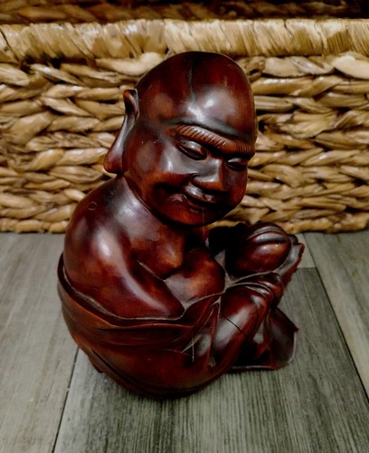 Happy Coffee Bean Holding Buddha Statue Carved Solid Wood Some Damage ...
