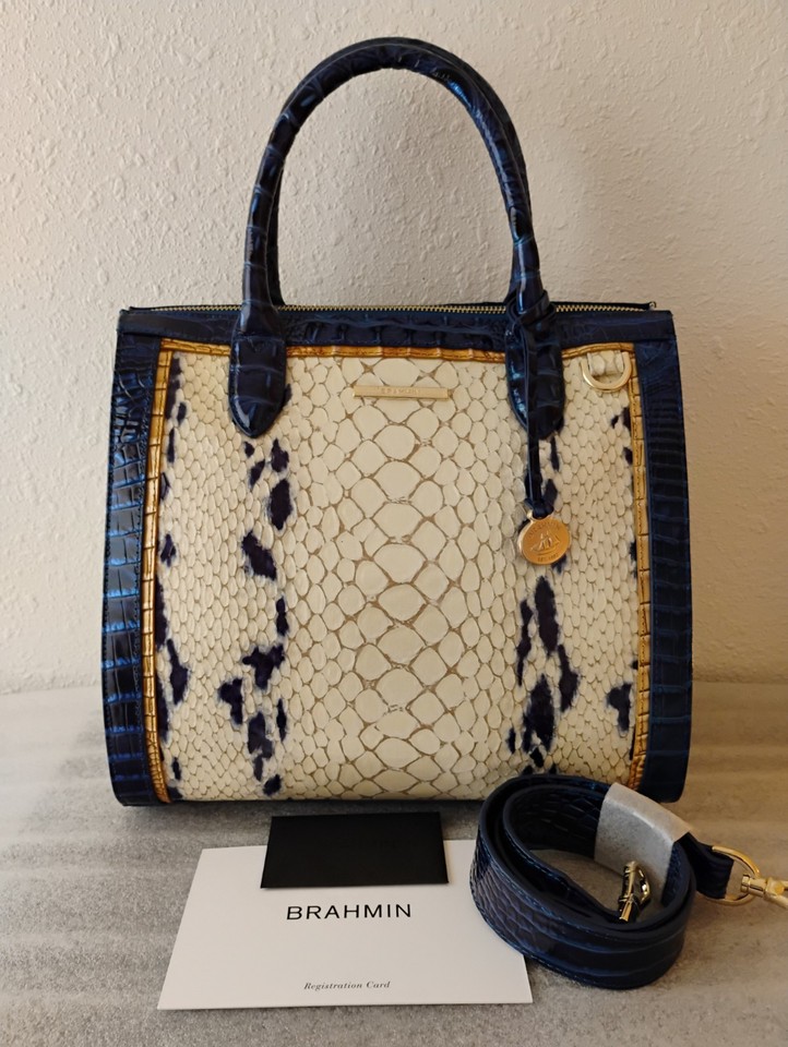 Brahmin Shell White Freshwater Caroline Genuine Leather Blue Top Handle ...