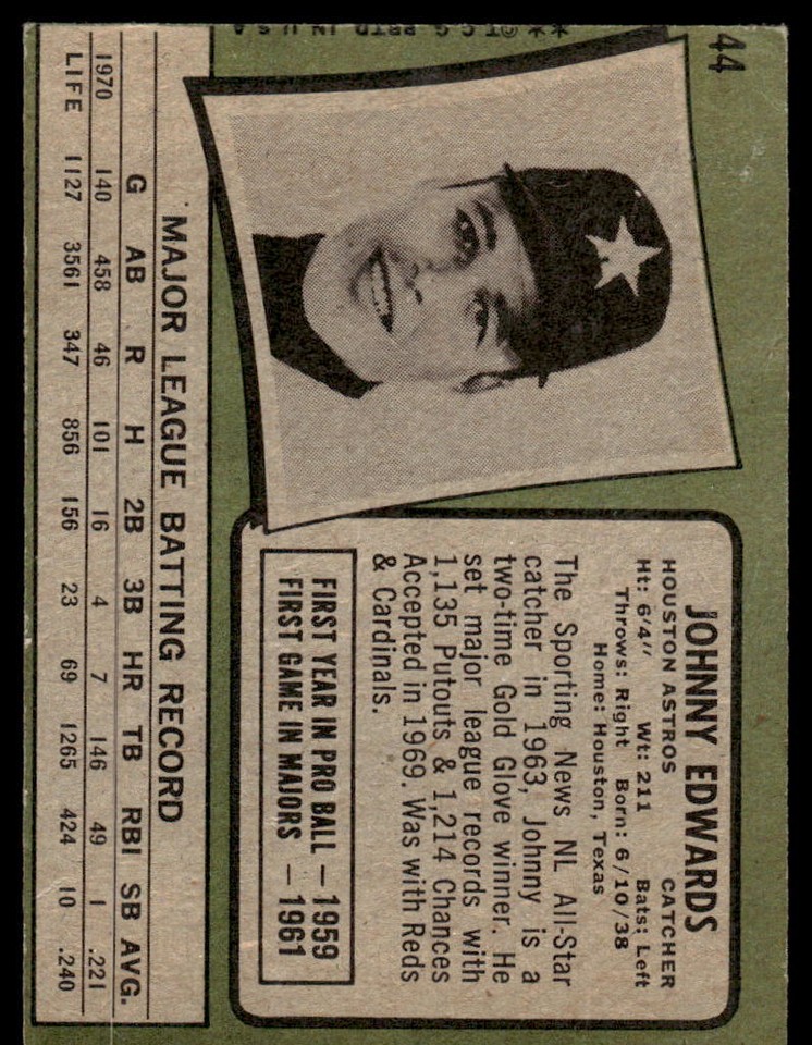 1971 Topps Johnny Edwards #44 Houston Astros Baseball Card | eBay