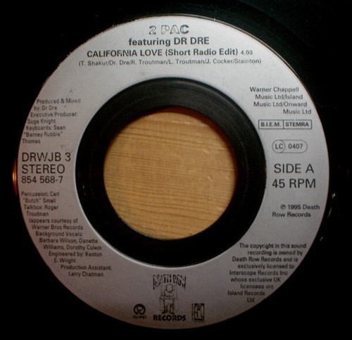 2 Pac (featuring Dr Dre) – California Love (1995) Death Row 45 single 7 ...