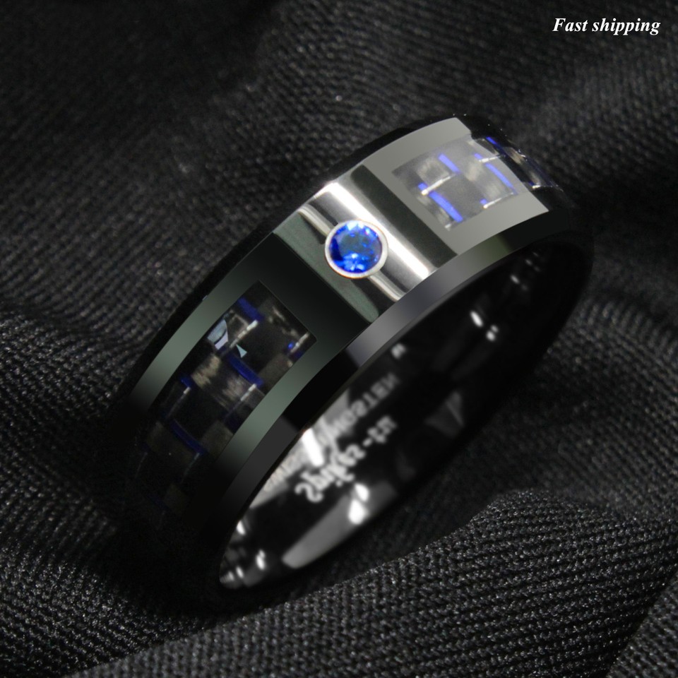 8mm Black and Blue Carbon Fiber CZ Tungsten Ring ATOP Men's Wedding ...