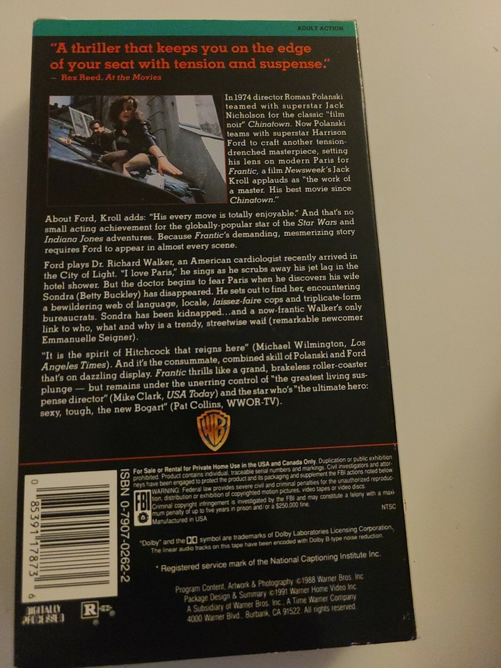 Frantic VHS VCR Video Tape Movie Harrison Ford Used 85391178736 | eBay