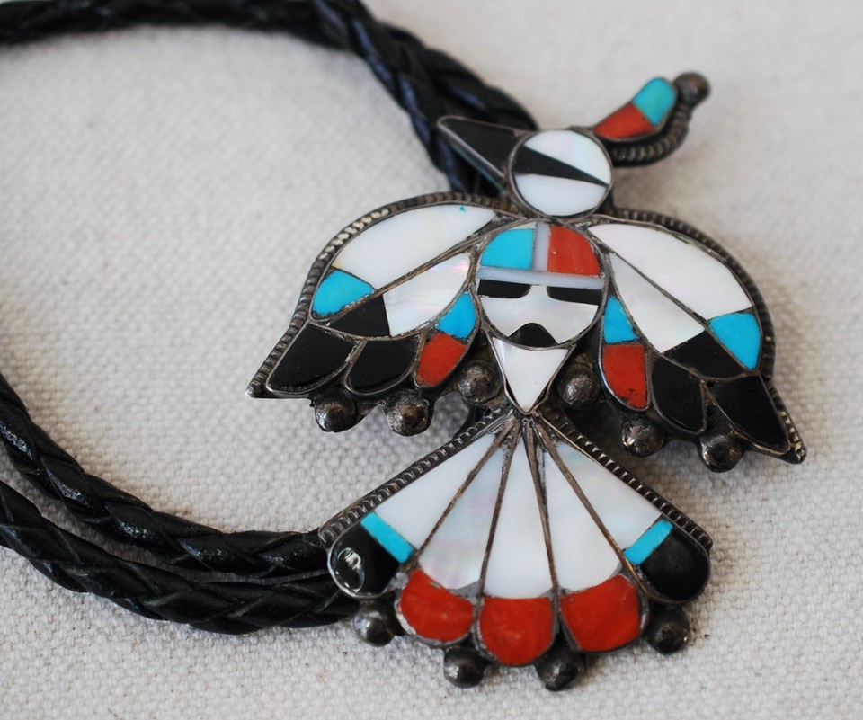 Vintage Zuni Silver Inlay Thunderbird/ Sunface Bolo- Bennett clip ...