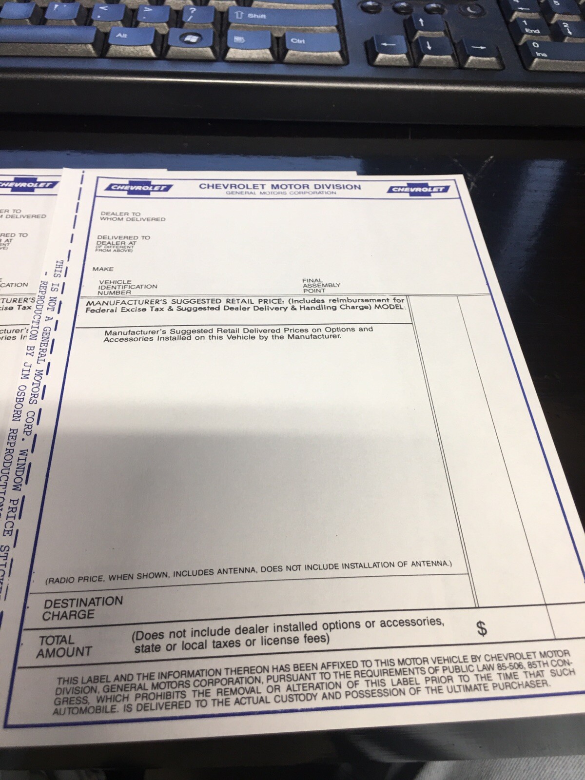 1961-1965 Chevrolet & Corvette Blank New Car Window Sticker Reproduction