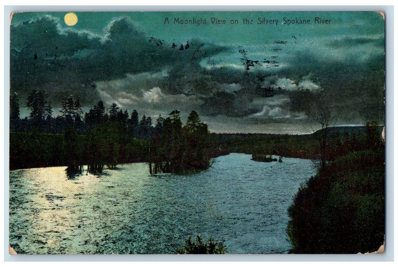 Spokane Washington WA Postcard A Moonlight View On Silvery Spokane ...