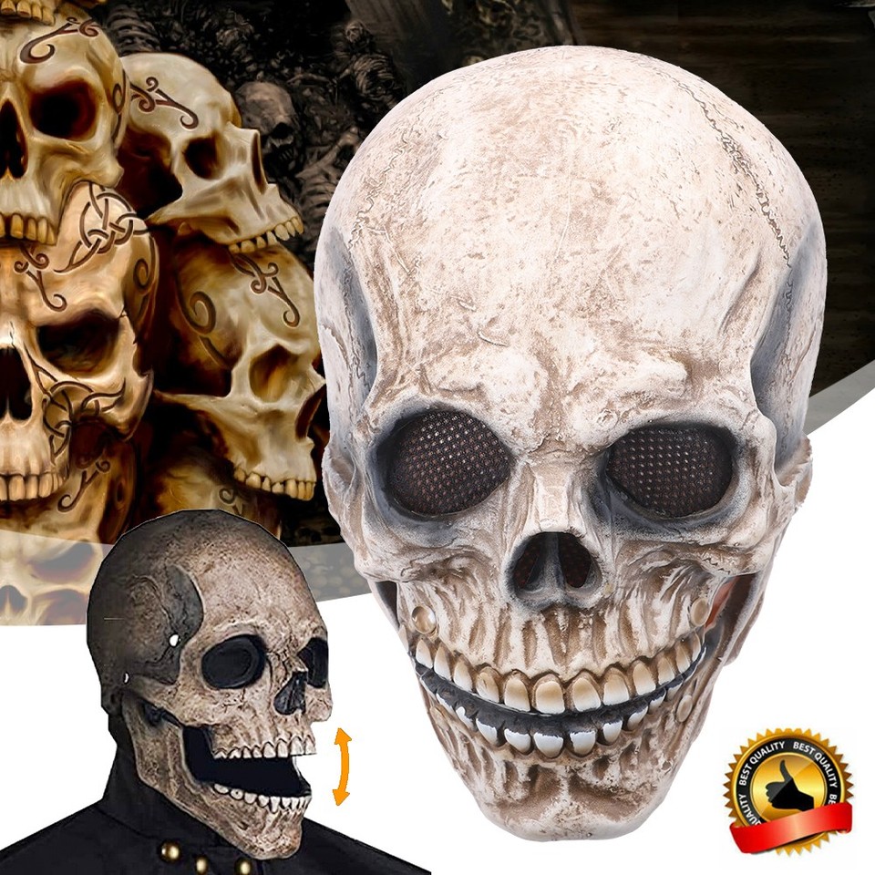 Halloween Full Head Latex Skull Mask Skeleton Movable Scary Party Jaw ...