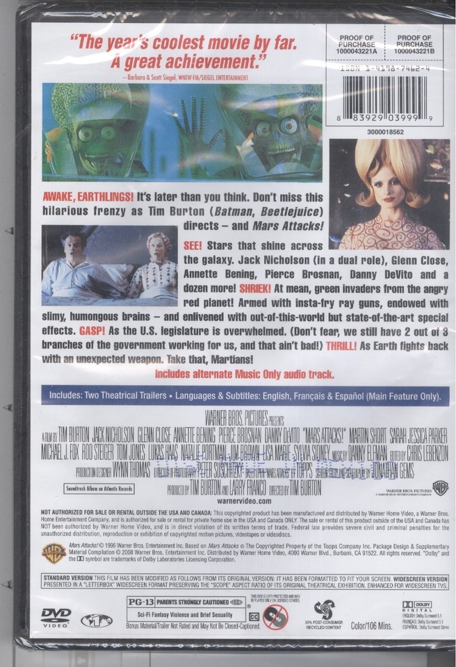 Mars Attacks (1996 NEW FS WS DVD) Jack Nicholson Michael J. Fox Fantasy Comedy | eBay