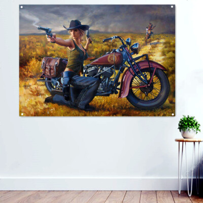 Female Motorcycle Rider Banner Flag Cowgirl with Guns Wall Posters ...