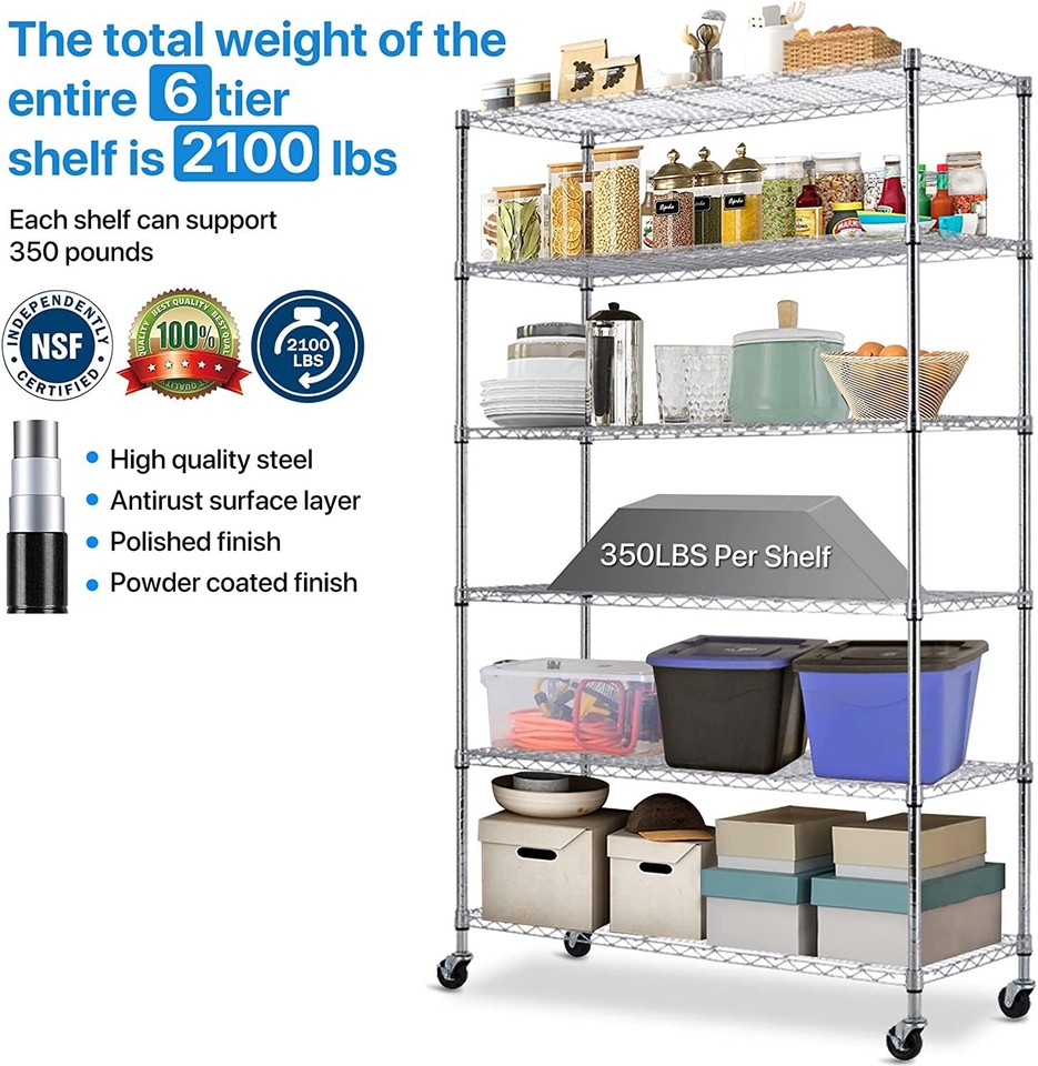6 Tier Wire Shelving Unit Adjustable Heavy Duty Metal Shelf Storage ...