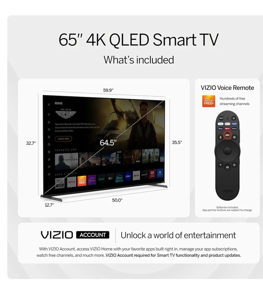 VIZIO 65-inch Quantum Pro 4K QLED 120Hz Smart TV with 1,000 nits ...