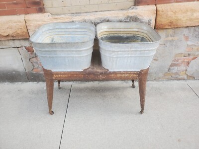 Double Washtub On Stand Square 2 Galvanized Metal Tubs Yard & Garden ...