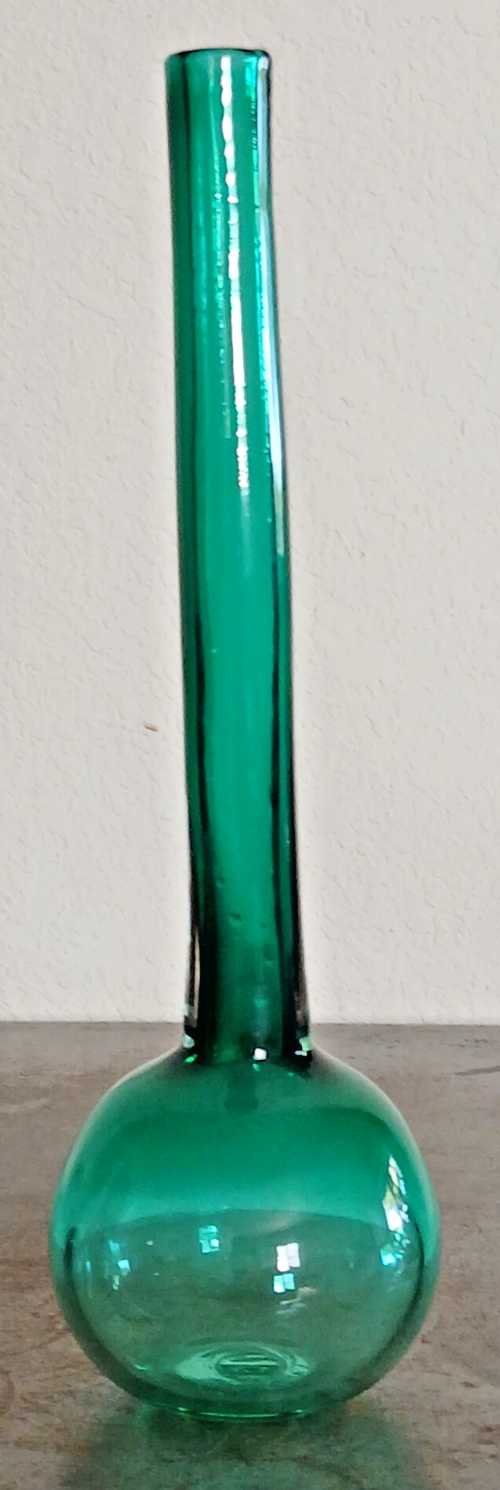 Hand Blown Green Glass Bulb Base Long Neck Bud Vase Initialed 10.75 ...
