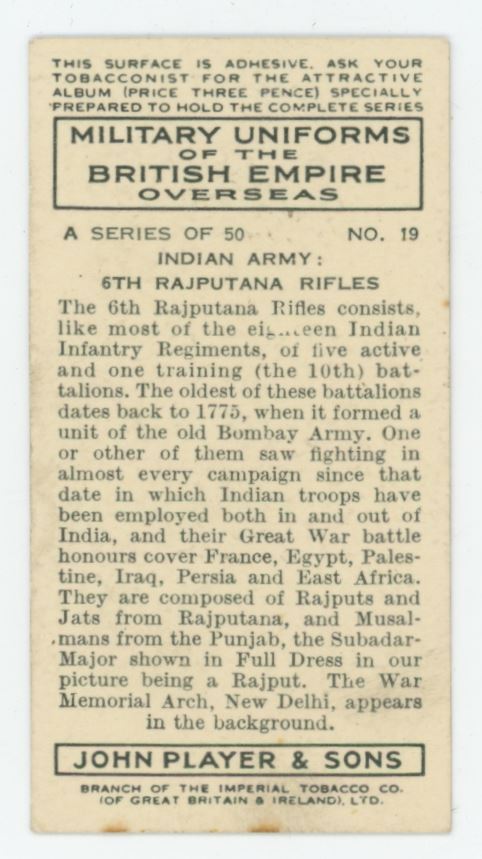 1938 Players Cigarettes Military Uniforms British Empire 6th Rajputana ...