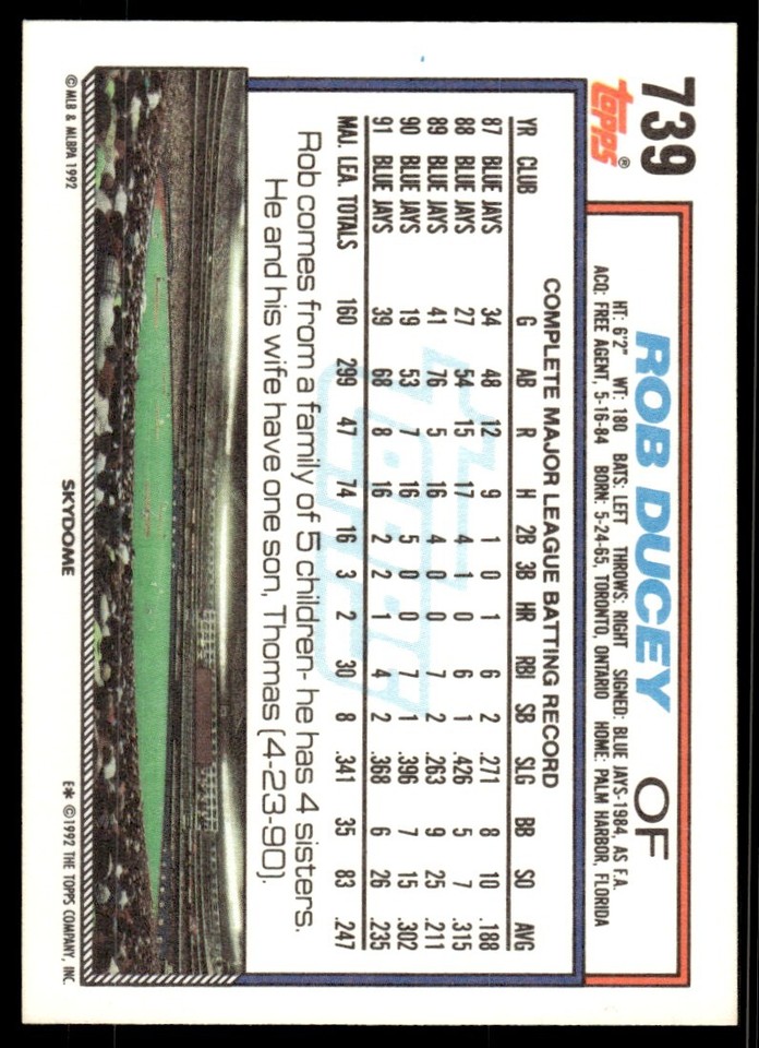 1992 Topps Baseball Card Rob Ducey Toronto Blue Jays #739 | eBay
