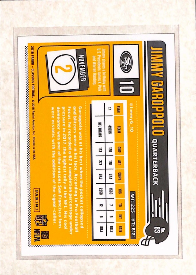 2018 Panini Classics #83 Jimmy Garoppolo NM | eBay