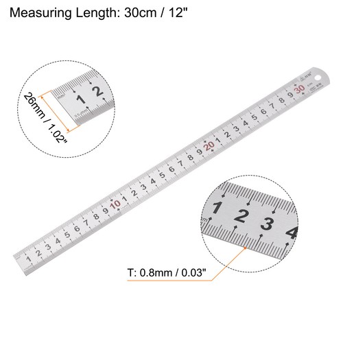 Stainless Steel Ruler, 12" Metal Rulers 1" Wide Inch Metric Graduation ...