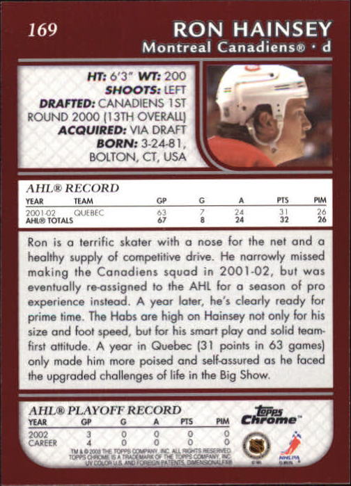 2002-03 Topps Chrome #169 Ron Hainsey RC Rookie Card | eBay