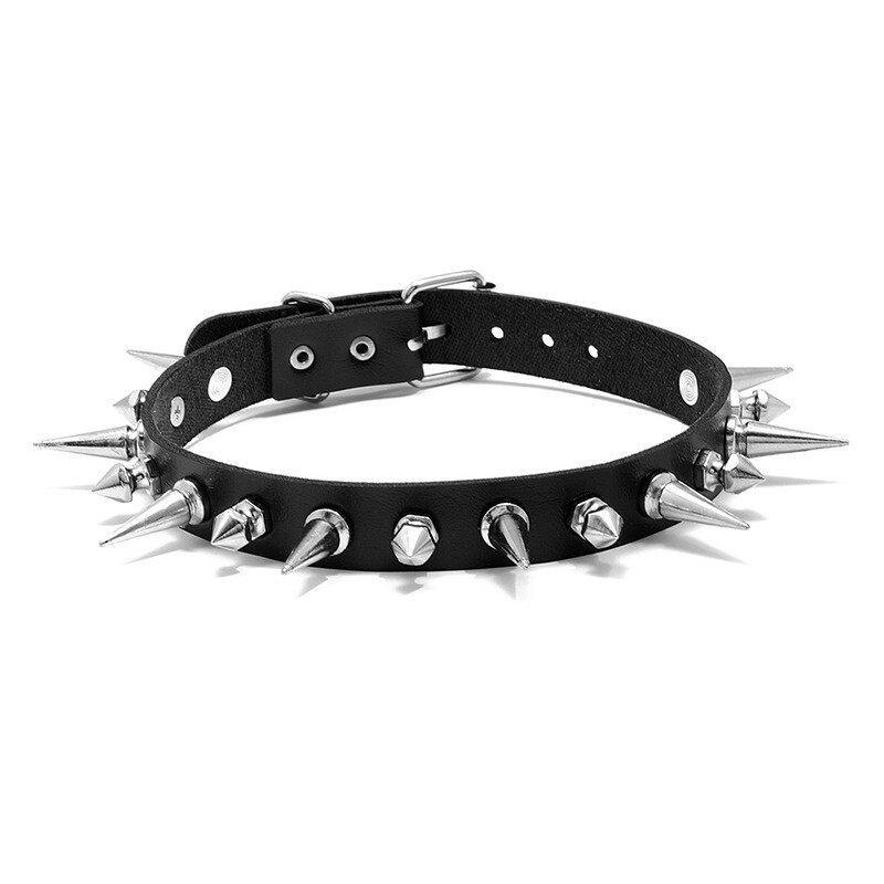 Long Spike Choker Punk Faux Leather Collar Goth Style ...